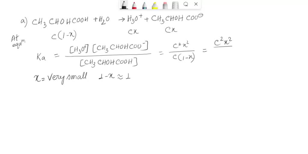 SOLVED: Lactic acid (CH3CHOHCOOH) is a weak acid that partially ...