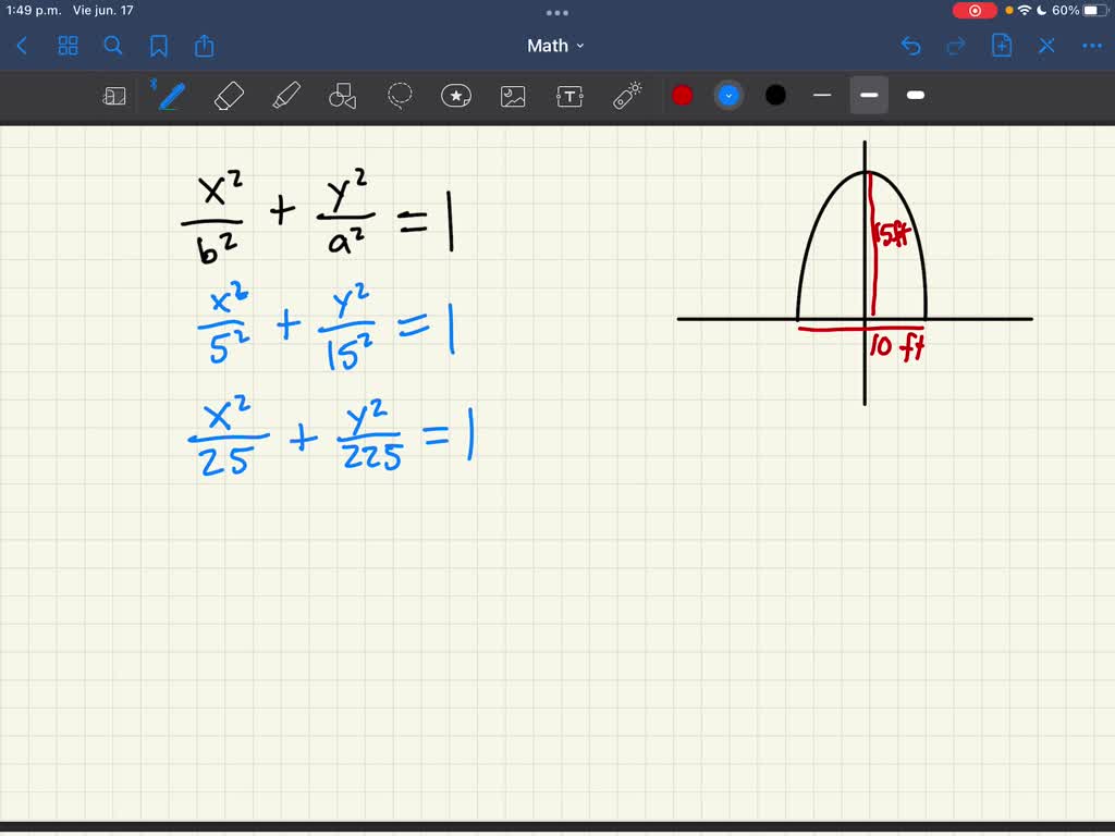 SOLVED: An elliptical arch is constructed which is 10 feet wide at the ...