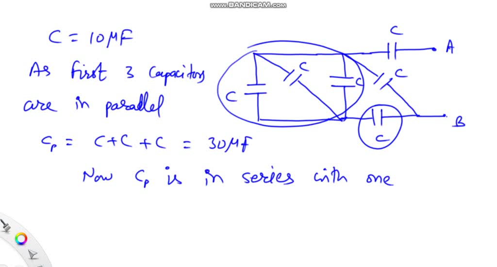 SOLVED: 10) Determine the equivalent capacitance between points A and B for the capacitors shown ...