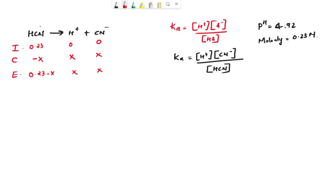 SOLVED: The pH of a 0.18 M solution of hydrocyanic acid (HCN) measured ...