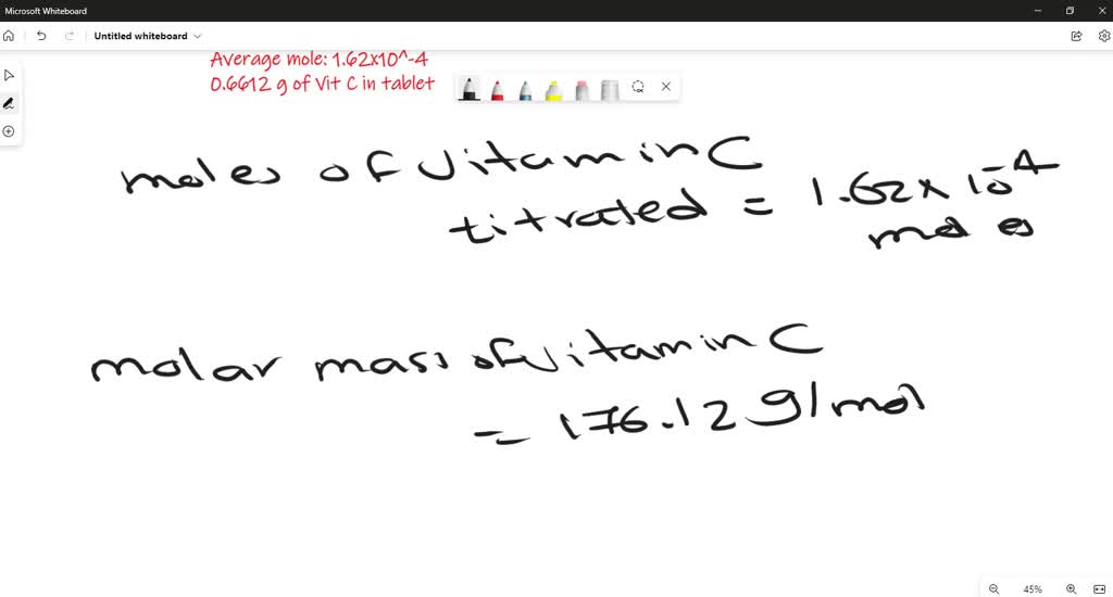 4. Using the average moles of vitamin titrated, calculate the amount of vitamin C, in mg; that ...