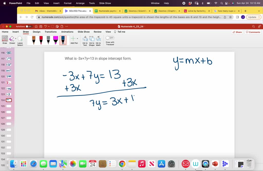 SOLVED: What's 2x + 3y = 1,470 in slope intercept form?