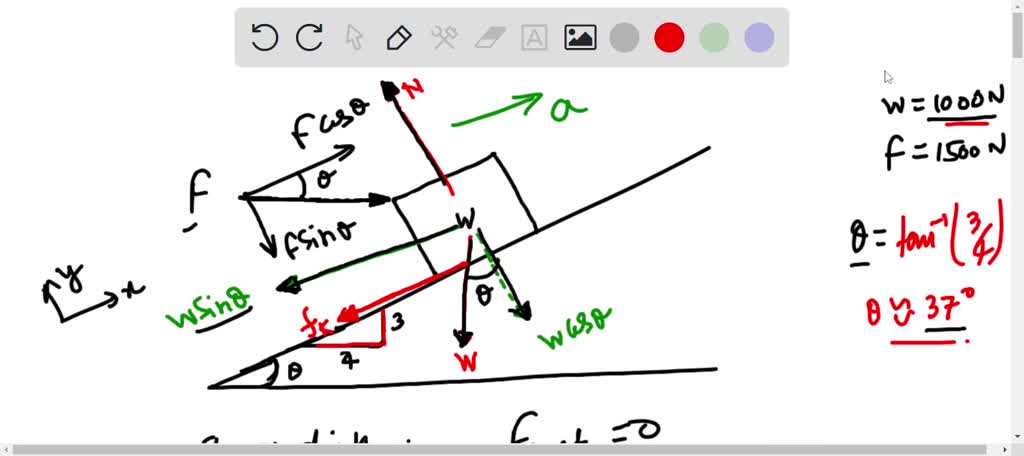 A horizontal force of 1500N pushes a 1000N block up and parallel to an ...