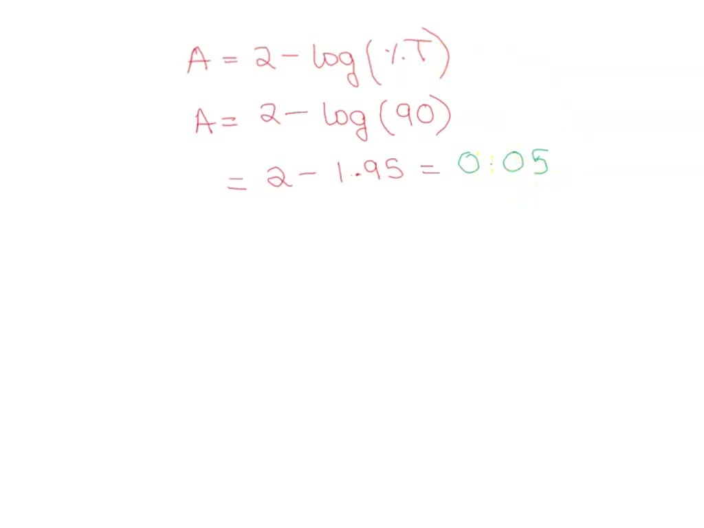 SOLVED: Use the equation for absorbance; A = log (1TT); where T = transmittance Calculate A if T ...
