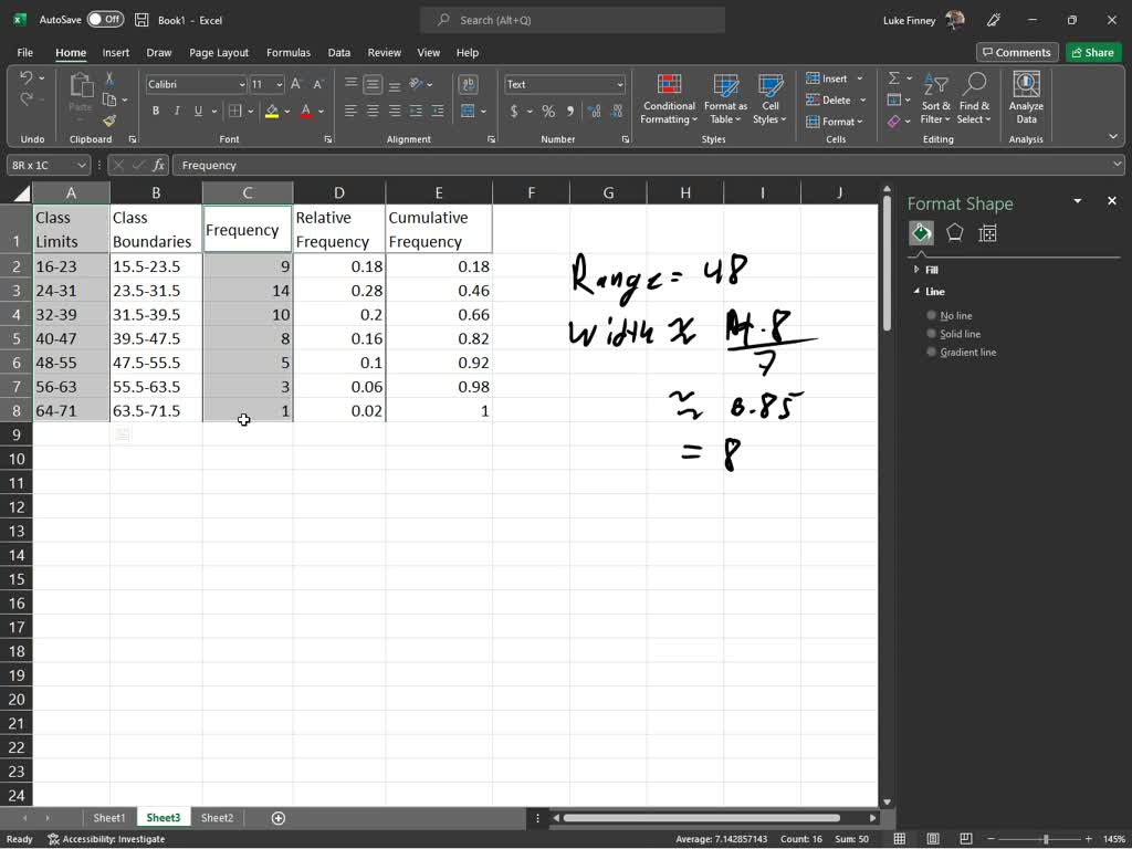 SOLVED: Given the data shown below Make frequency table with classes showing class limits, class ...