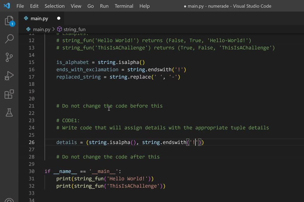 def stringfun(string): # Return a tuple with three elements. # The ...