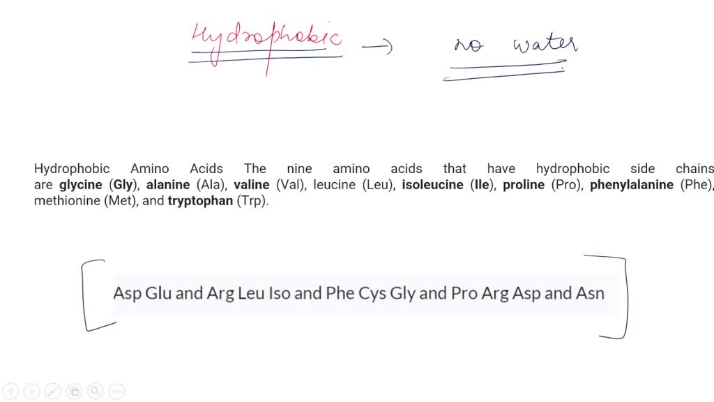 SOLVED: Of the amino acids below, which are most hydrophobic? Asp Glu ...