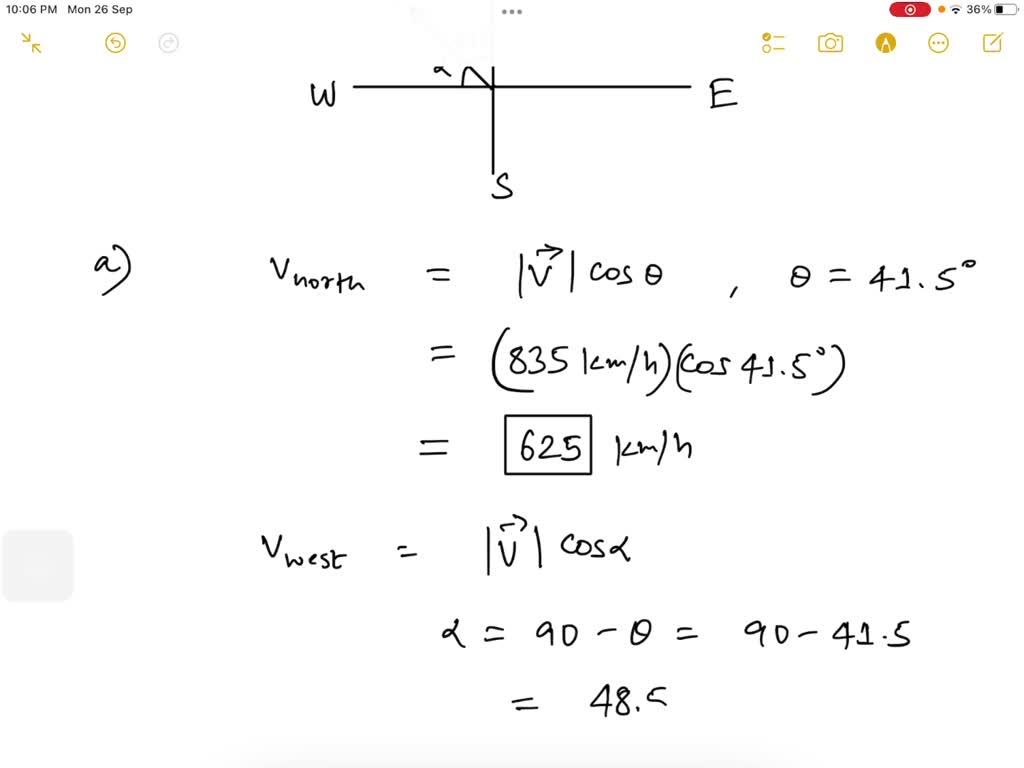 SOLVED: An airplane is traveling 835 km/h in the direction 41.50Â° west ...