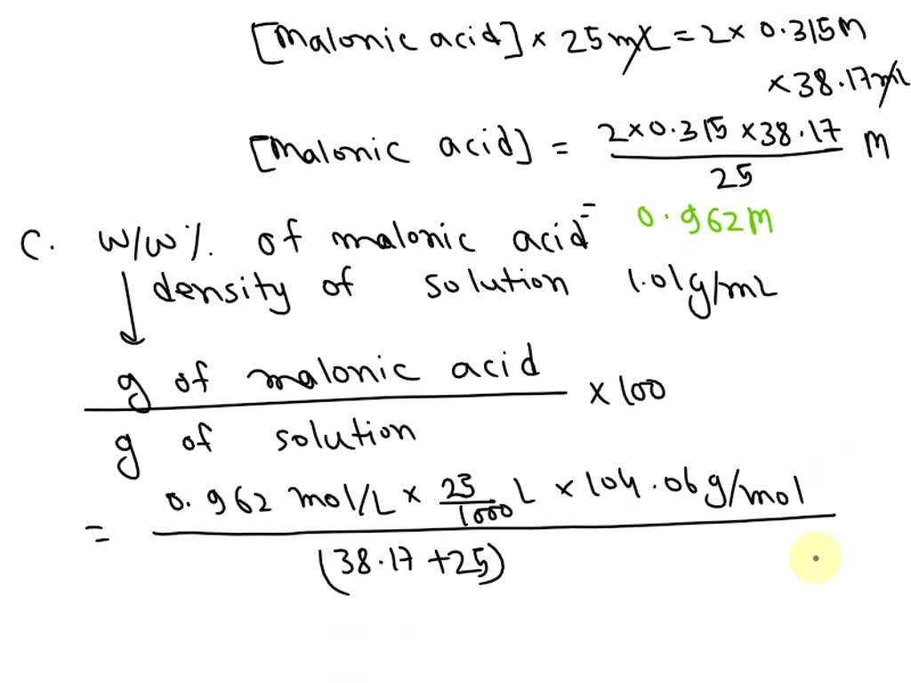 SOLVED: Calculate the molar concentration of the malonic acid if 38.17 ...