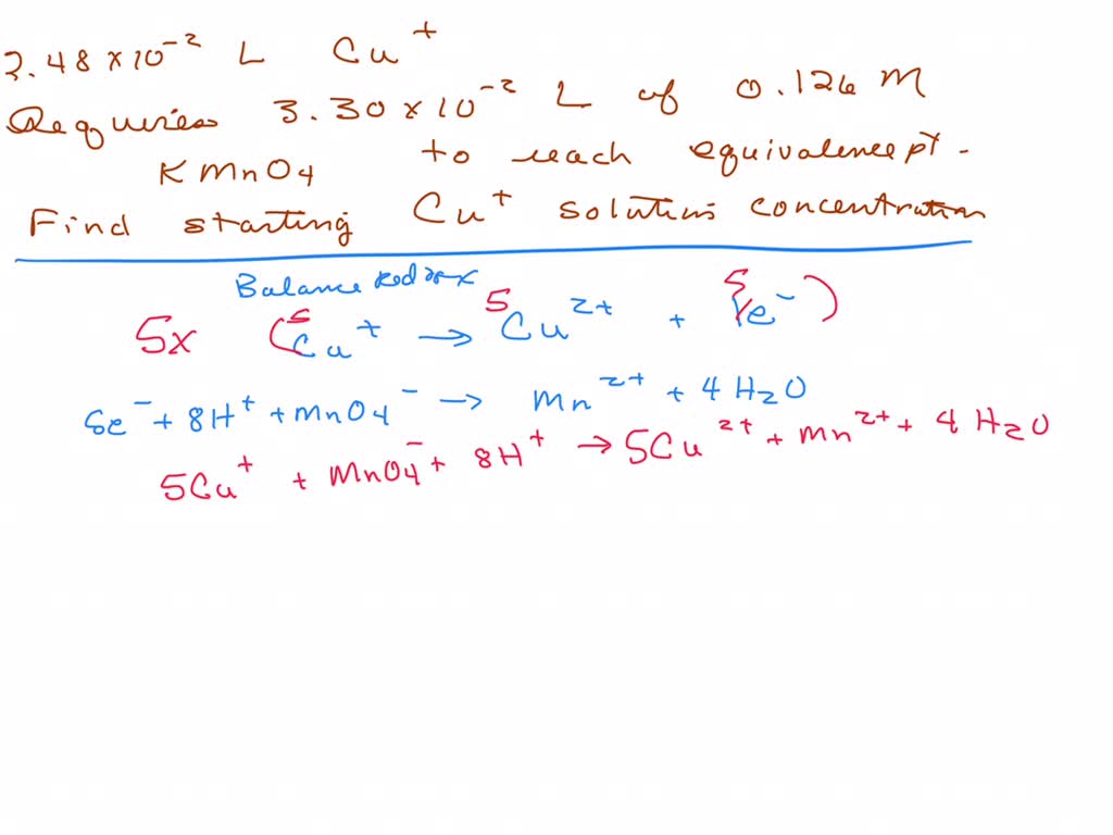 SOLVED: A 2.48×10−2 L sample of a solution of Cu+ requires 3.30×10−2 L ...