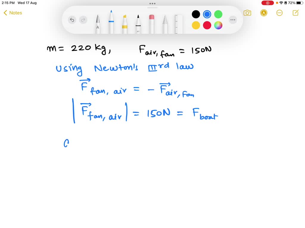 SOLVED: If the force of the fan pushes the air backwards with 150 N ...