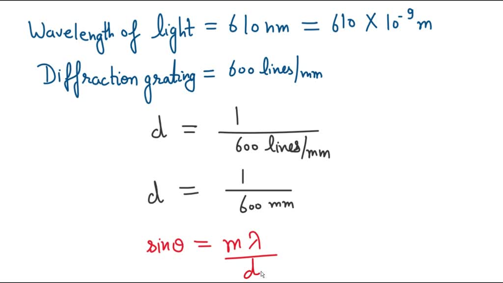 Solved A Diffraction Grating Has 600 Lines Per Mm If Light Of Wavelength 610 Nm Is Sent