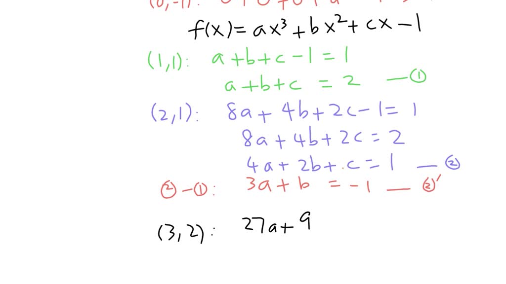 SOLVED: A third degree polynomial passes through the points (0, -1), (1, 1), (2, 1) and (3, 2 ...