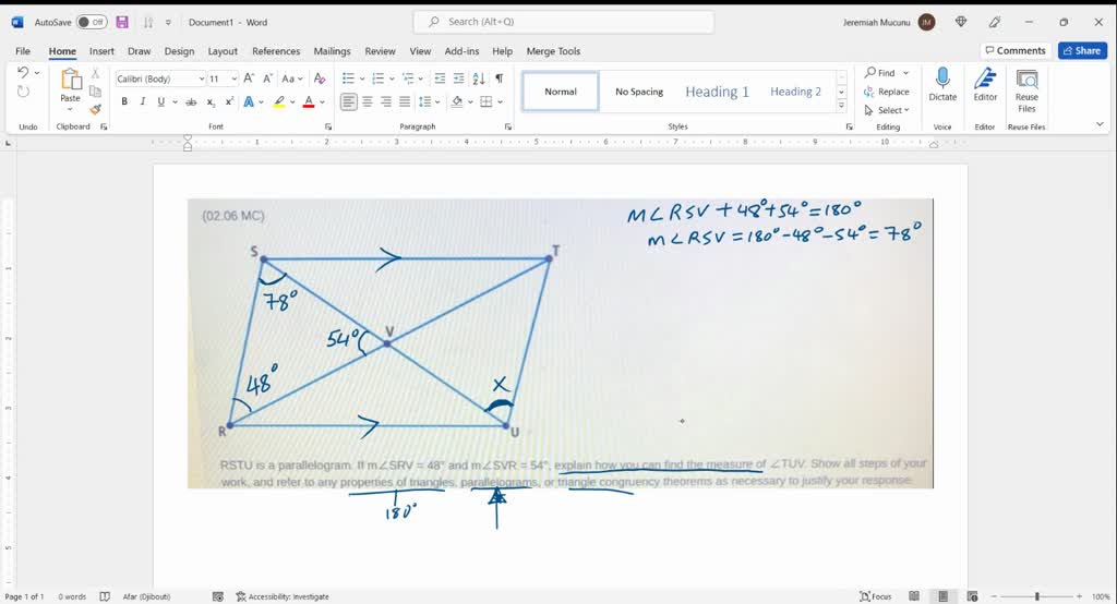 SOLVED: RSTU is a parallelogram. If mâˆ SRV = 48Â° and mâˆ SVR = 54Â ...