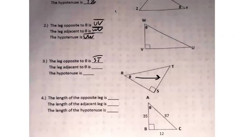 SOLVED: Trigonometric Ratios X 1.) The leg opposite to Î¸ is OY The leg ...