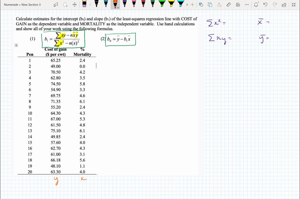 SOLVED: Calculate estimates for the intercept (bo) and slope (b1) of ...
