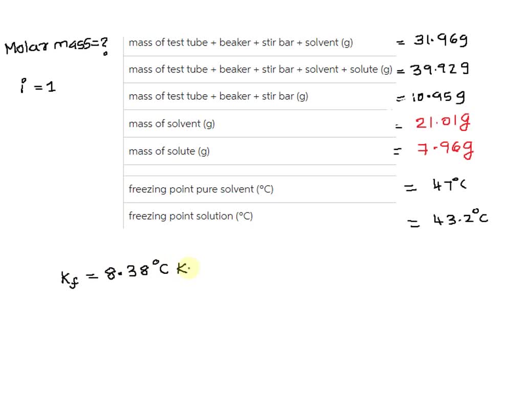 SOLVED: (13pts) Determination of Molar Mass Complete the following calculations to determine the ...