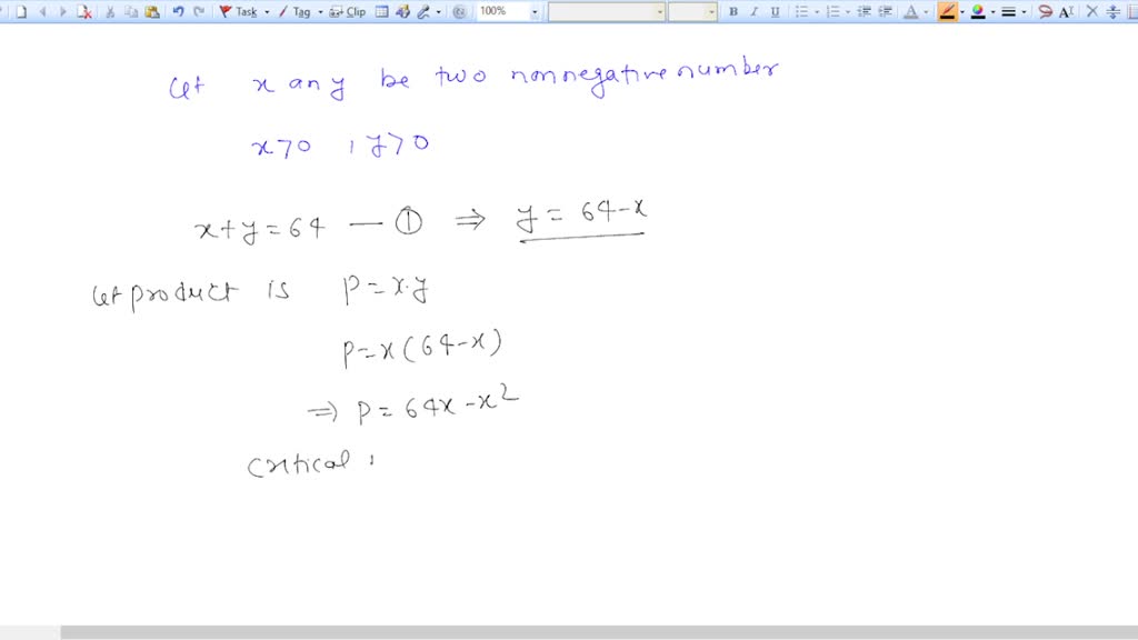 SOLVED: What two nonnegative real numbers with sum of 64 have the largest possible product? The ...