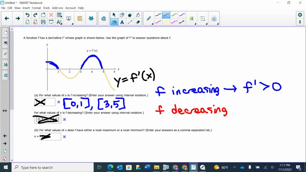 Text The Function Has A Derivative Whose Graph Is Shown Below Use The Graph Of Fx To Answer