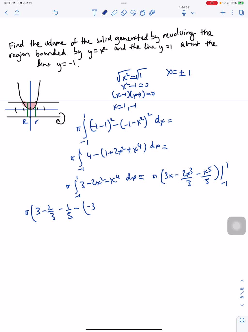 SOLVED: Use the washer method t0 find the volume of the solid generated ...