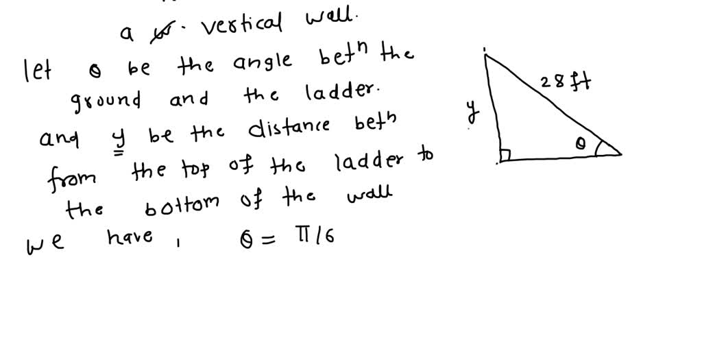 SOLVED: A ladder 28 f. long rests against vertical wall. Let 0 be the angle between the ground ...