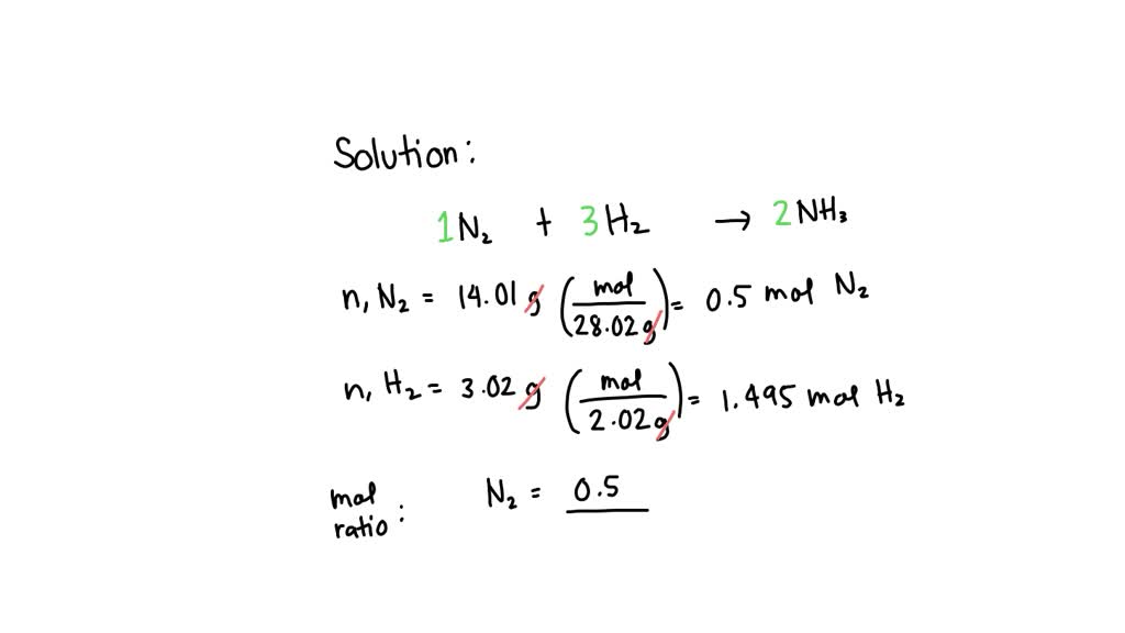 SOLVED: A 14.01 g sample of N2 reacts with 1.50 g of H2 to form ammonia (NH3). If ammonia is the ...