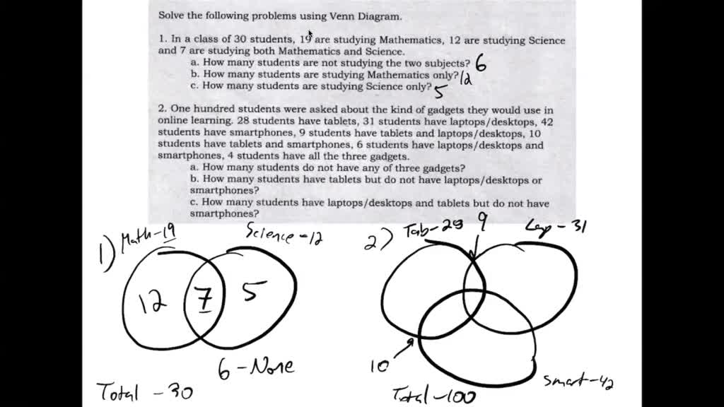 Solve the following using Venn Diagram: 1. In a class of 30 students ...