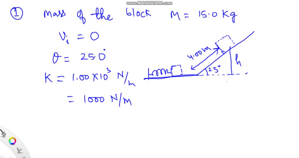 Problem 4: A 2.50 kg block initially slides along a flat, frictionless surface at a speed of 5. ...