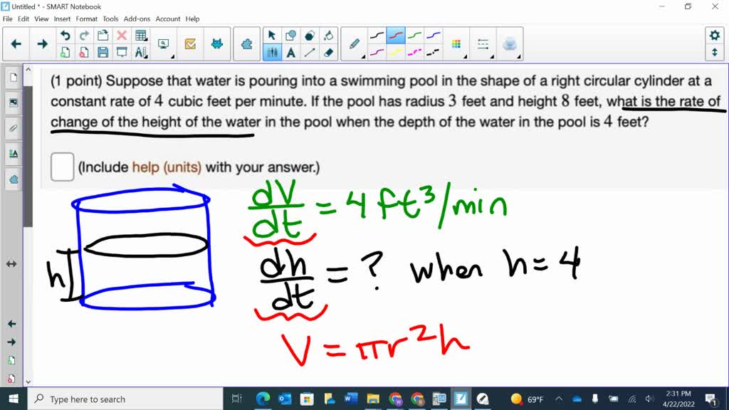 SOLVED: point) Suppose that water is pouring into a swimming pool in ...