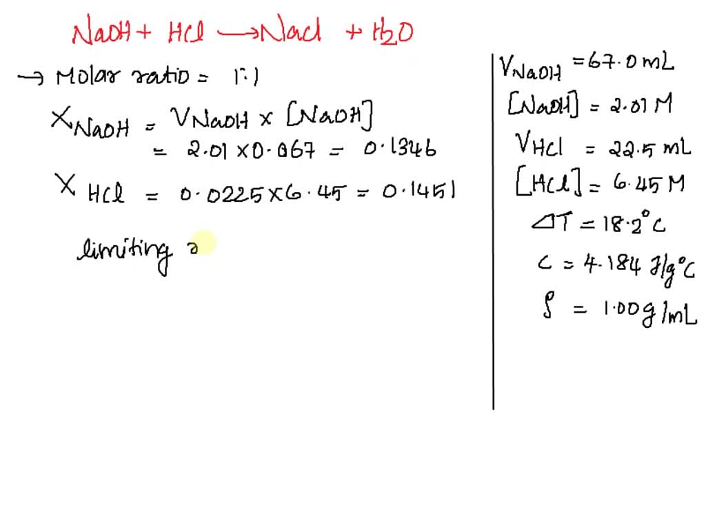 Student mixes 67.0 mL of a 2.01 M sodium hydroxide solution with 23.1 mL of 6.45 M hydrochloric ...