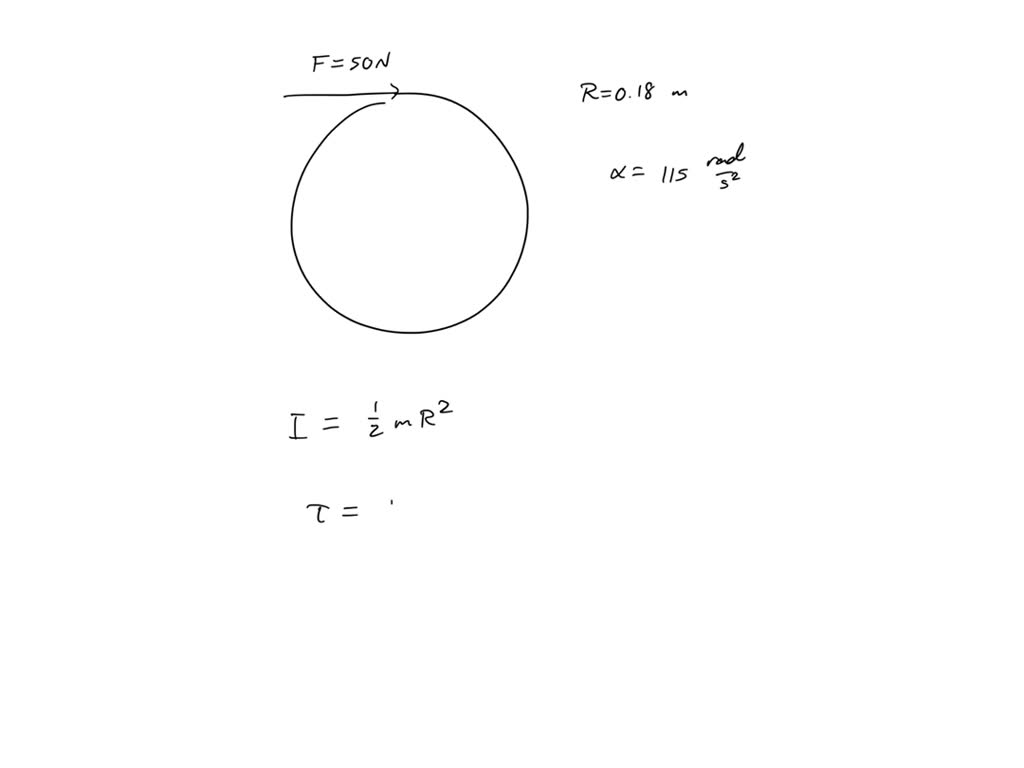SOLVED: A force of 50 N is applied tangentially to the rim of a solid disk of radius 0.18 m. The ...
