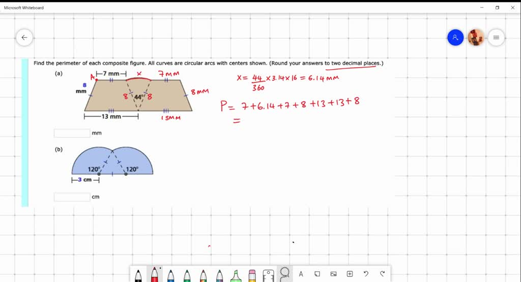 Find the perimeter of each composite figure. All curves are circular arcs with centers shown ...