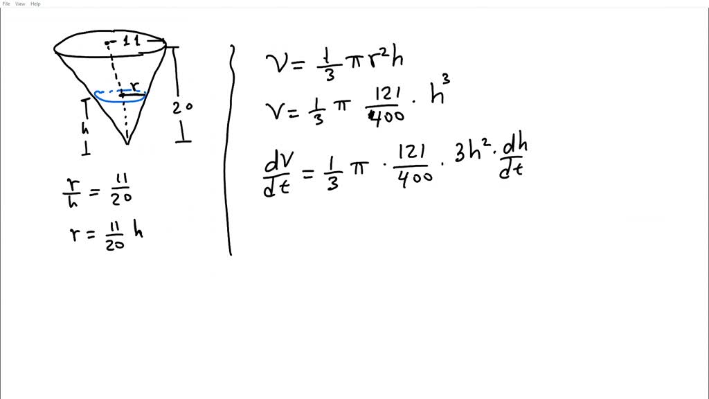 SOLVED: A conical water tank with vertex down has a radius of 11 feet ...