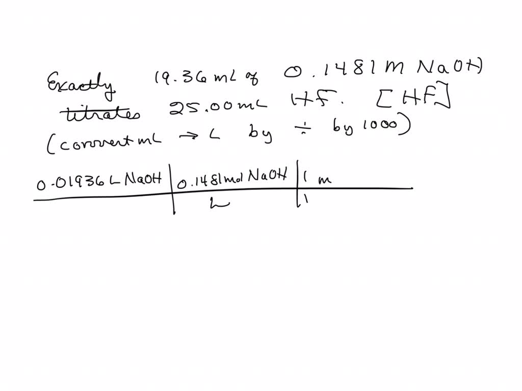 SOLVED: Exactly 19.36 mL of 0.1481 M NaOH is used to titrate a 25.00 mL sample of HF. What is ...