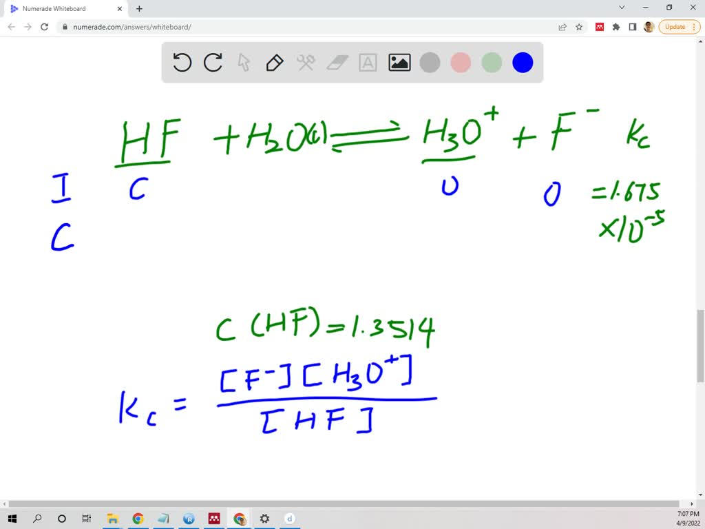 The value of Kc for the reaction of hydrofluoric acid in water to make ...