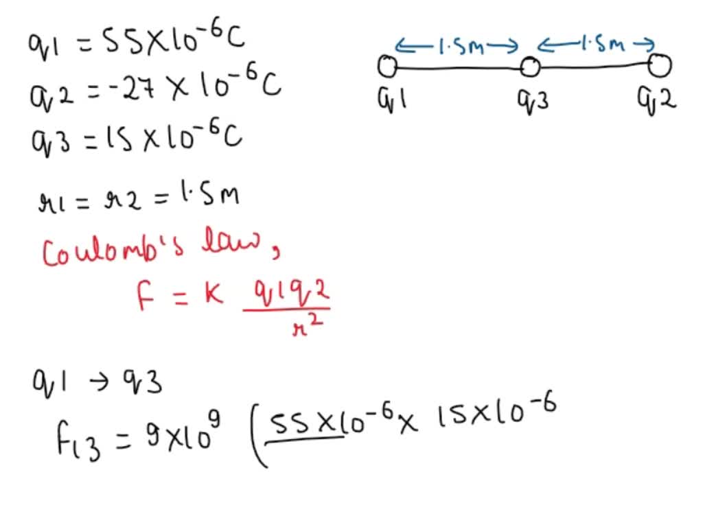 There are three point charges, Q1 = 30 Î¼C, Q2 = -25 Î¼C, and Q3 = 45 Î¼C, as shown in the ...