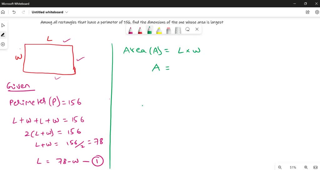SOLVED: Among all rectangles that have a perimeter of 156, find the dimensions of the one whose ...