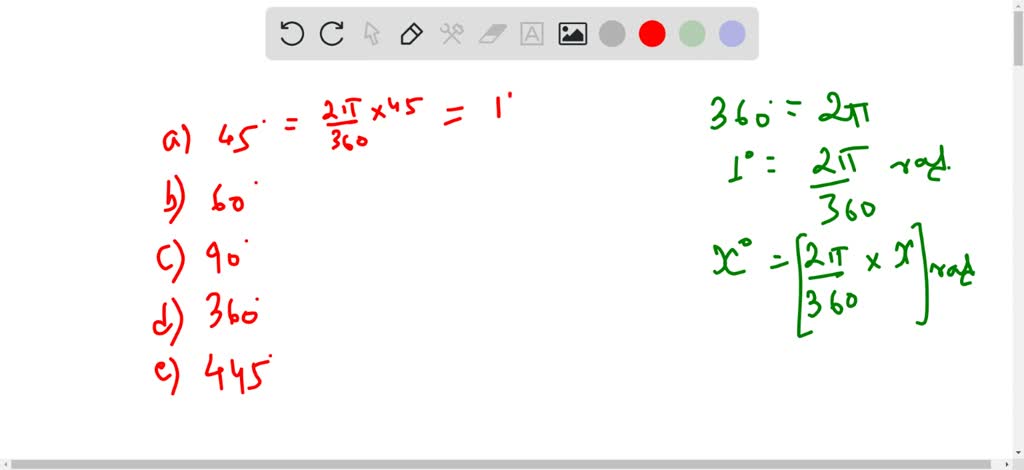 Express the following angles in radians: (a) 45.0°, (b) 60.0°, (c) 90.0 ...