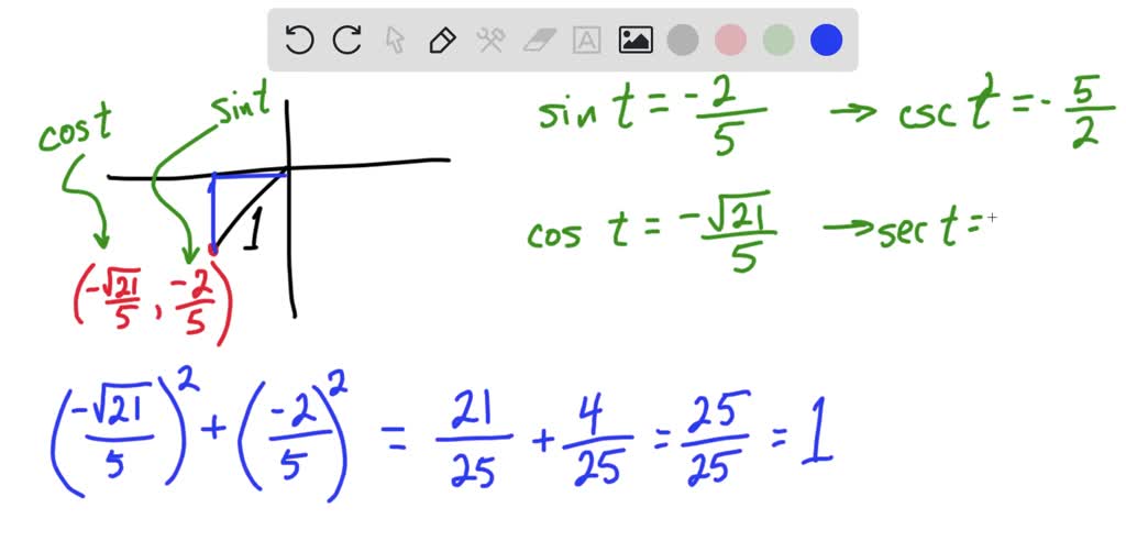 SOLVED: Find the values of sin cos tan Csc sec and cot t if V21 P= is ...