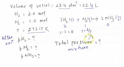 A vessel of volume 22.4 dm^3 contains 2.0 mol H2(g) and 1.0 mol N2(g) at 273.15 K initially. All ...