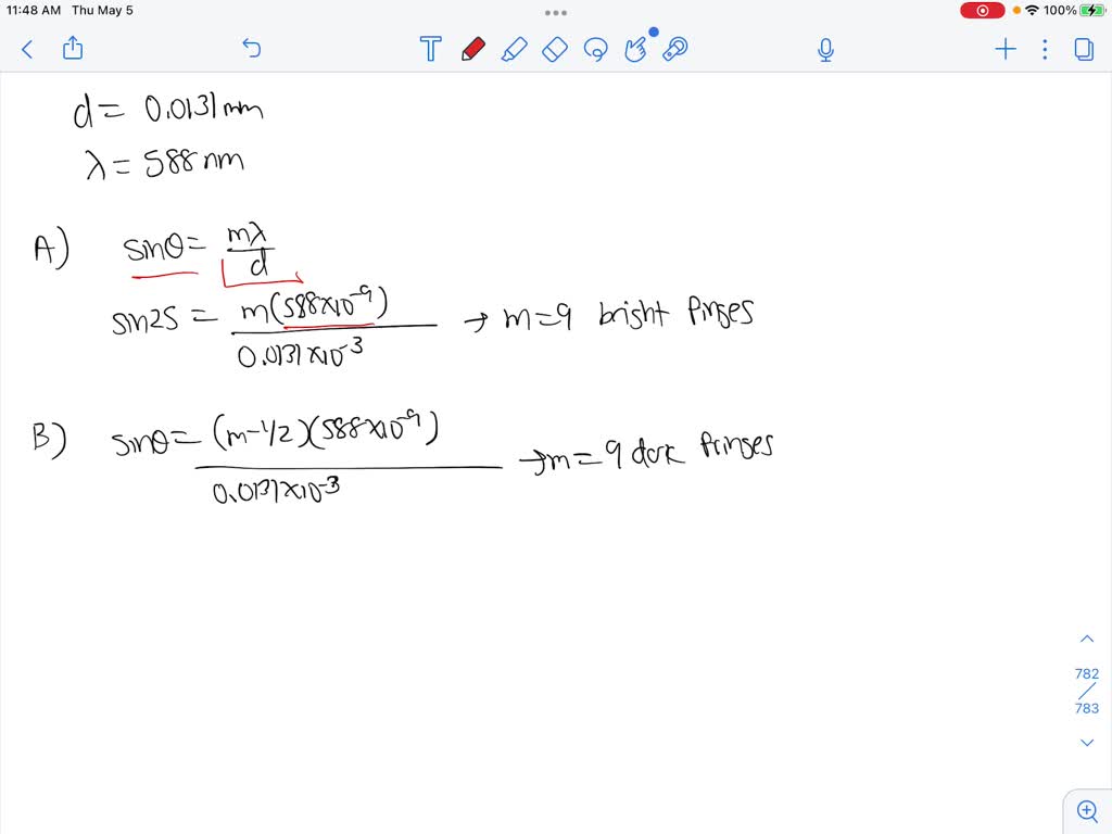 SOLVED: Two thin parallel slits that are 0.0131 mm apart are ...