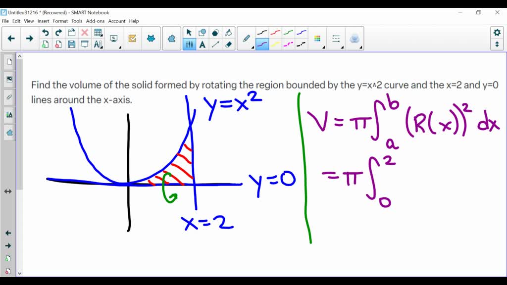 SOLVED: Find the volume of the solid formed by rotating the region bounded by the y=x^2 curve ...