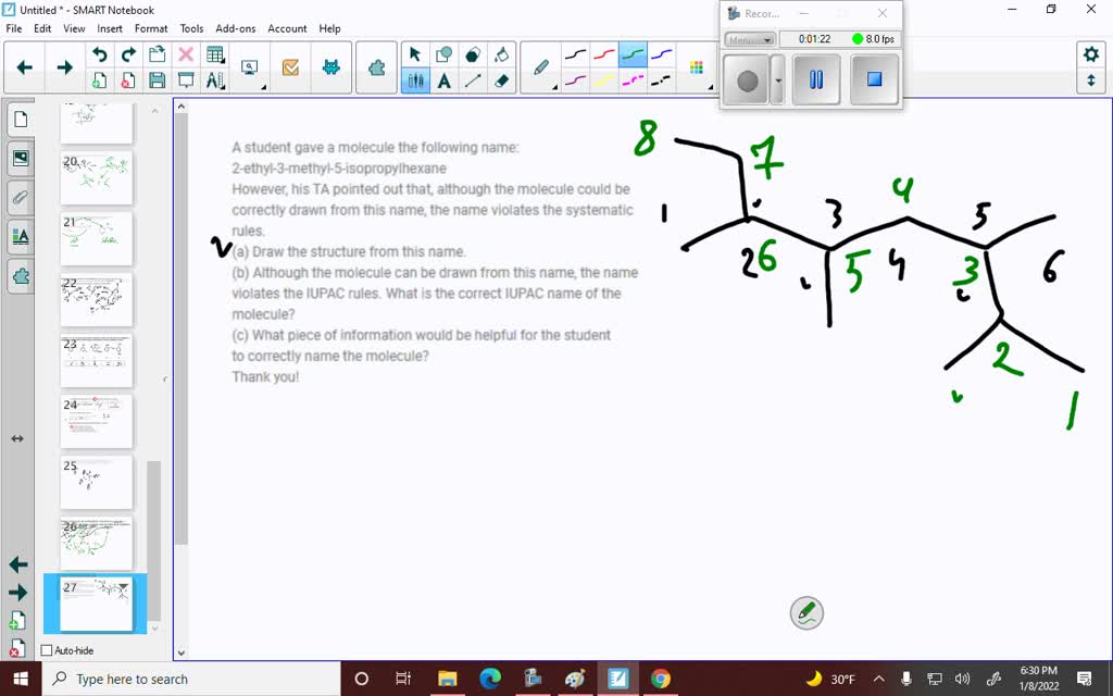 A student gave a molecule the following name: 2-ethyl-3-methyl-5 ...
