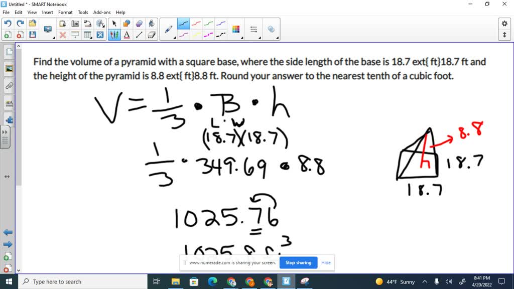 SOLVED: The equation for the volume of a pyramid is V = (1/3)lwh. The ...