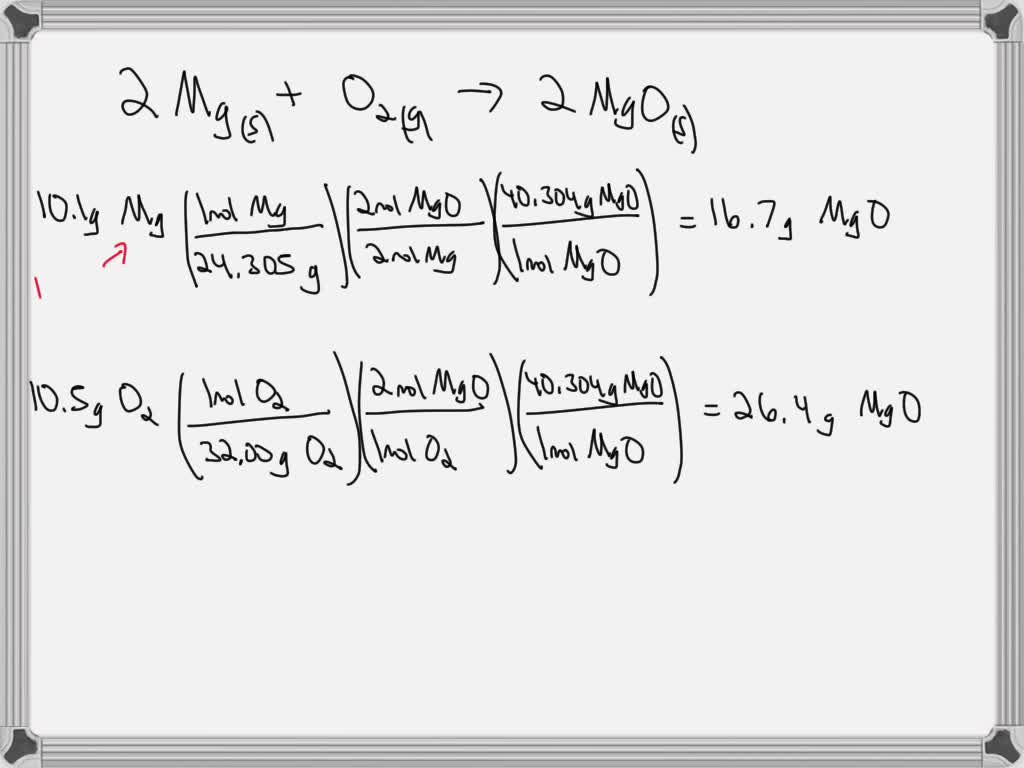 Using the equation shown below: 2Mg(s) + O2(g) -> 2MgO(s). When 10.1 g ...
