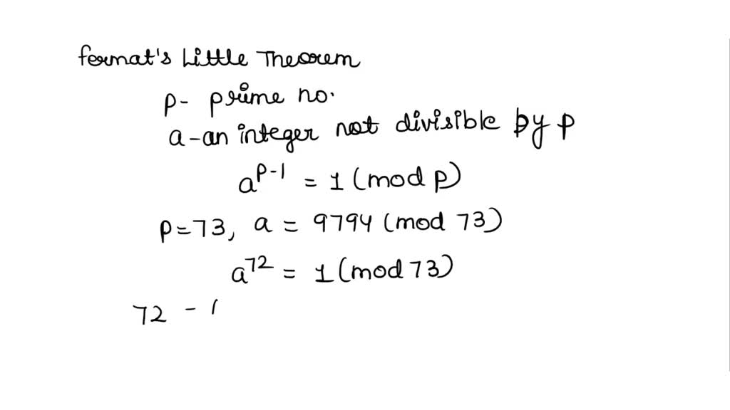 SOLVED: 2.21 Use Fermat'theorem to find a number a between 0 and 72 ...