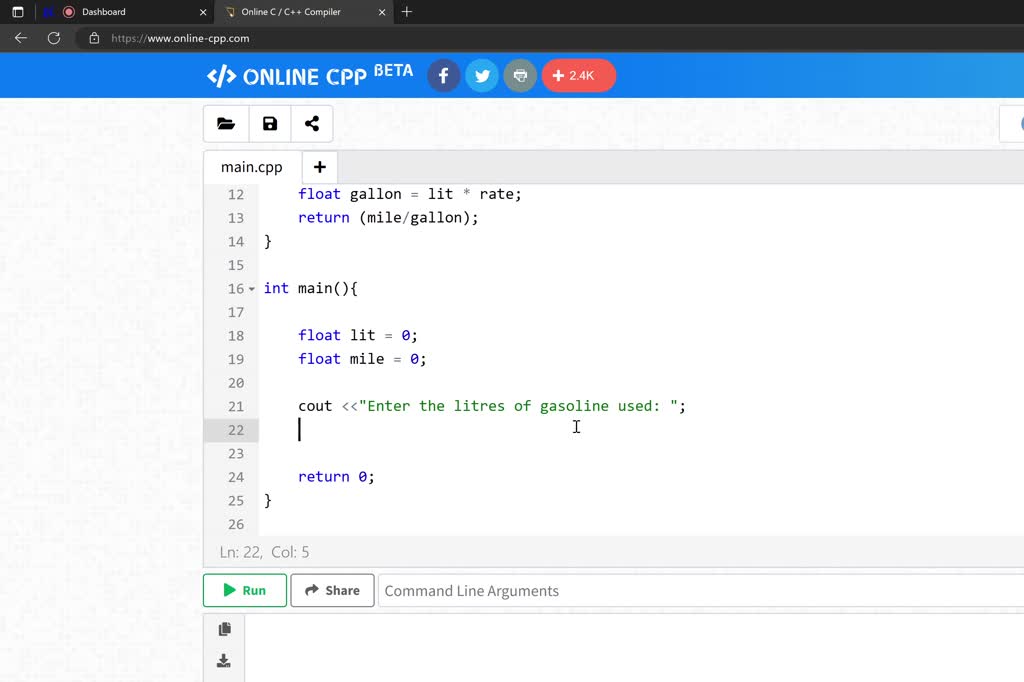 SOLVED: Create a C++ Program Miles Per Gallon Create an array of five ...