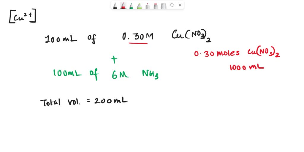 SOLVED: A 100.0 mL solution of 0.30 M Cu(NO3)2 is mixed with 100.0 mL of 6.0 M ammonia solution ...