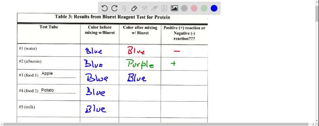 SOLVED: Table 3: Results from Biuret Reagent Test for Protein Test Tube ...