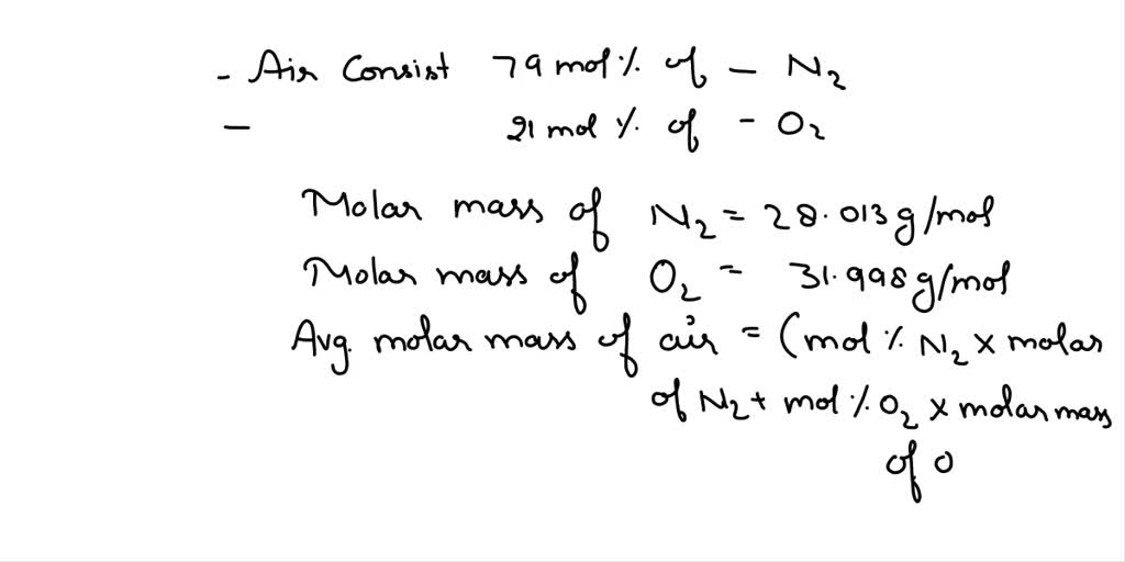 SOLVED: Dry air is roughly 79% N and 21% O by volume. Calculate its average molar mass and ...